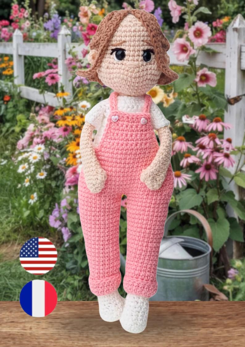 Crochet Pattern for an Amigurumi Doll, Little Rosalia in Pink Overalls ...