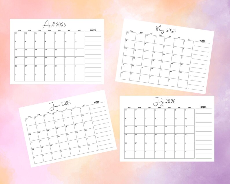 2026 Monthly Calendar | Notes | Printable Calendar | Digital Calendar ...