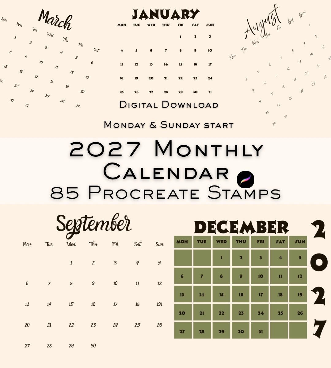 2027 Kalender Procreate Brush Stamps, Monatsplaner (Digitaler Download ...