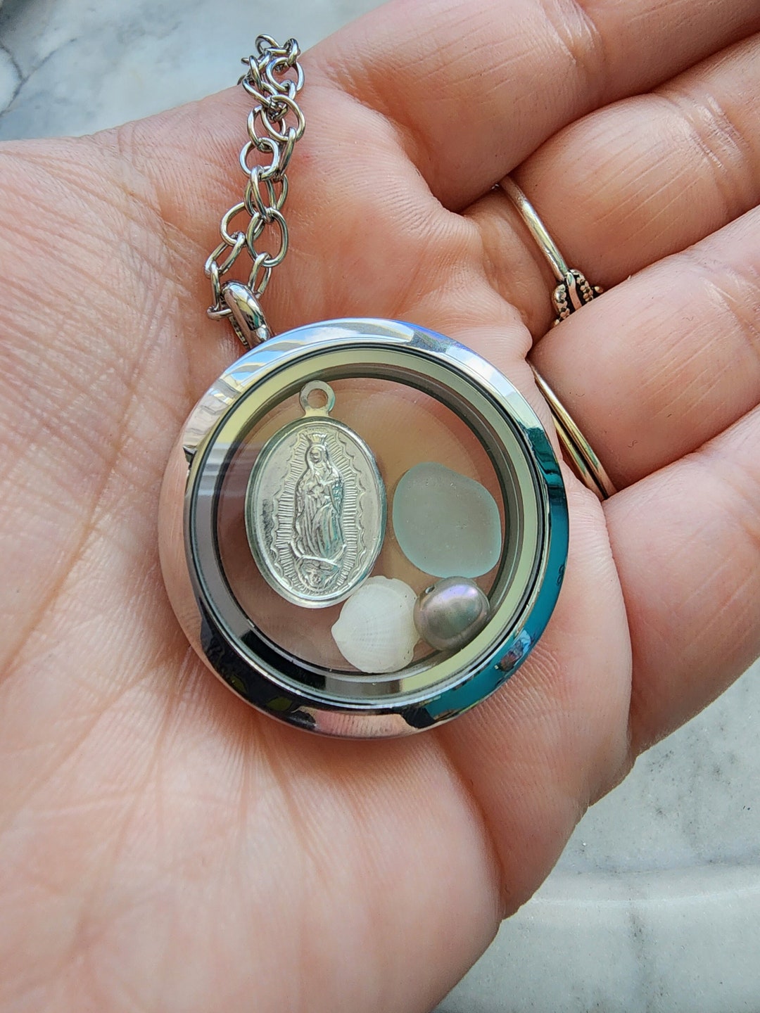 Virgin Mary Stainless Steel Locket: Sea Glass & Pearl Catholic Necklace ...