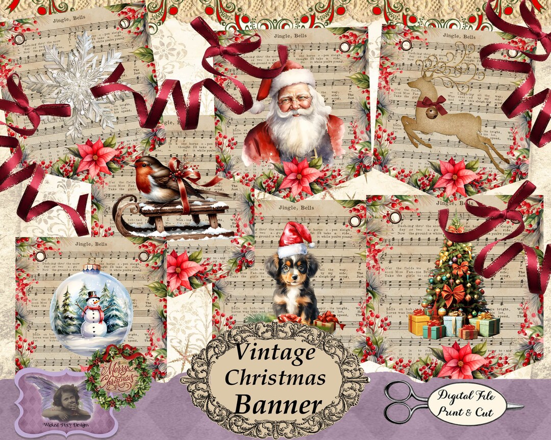 Printable Vintage Retro Christmas Banner Garland Santa Reindeer Jingle ...