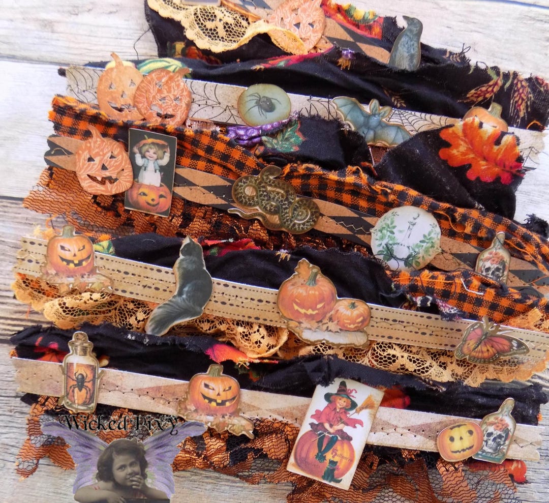 Halloween Ruffled Fabric Fussy Cut Snippet Bundle, Hand Torn Scrap ...