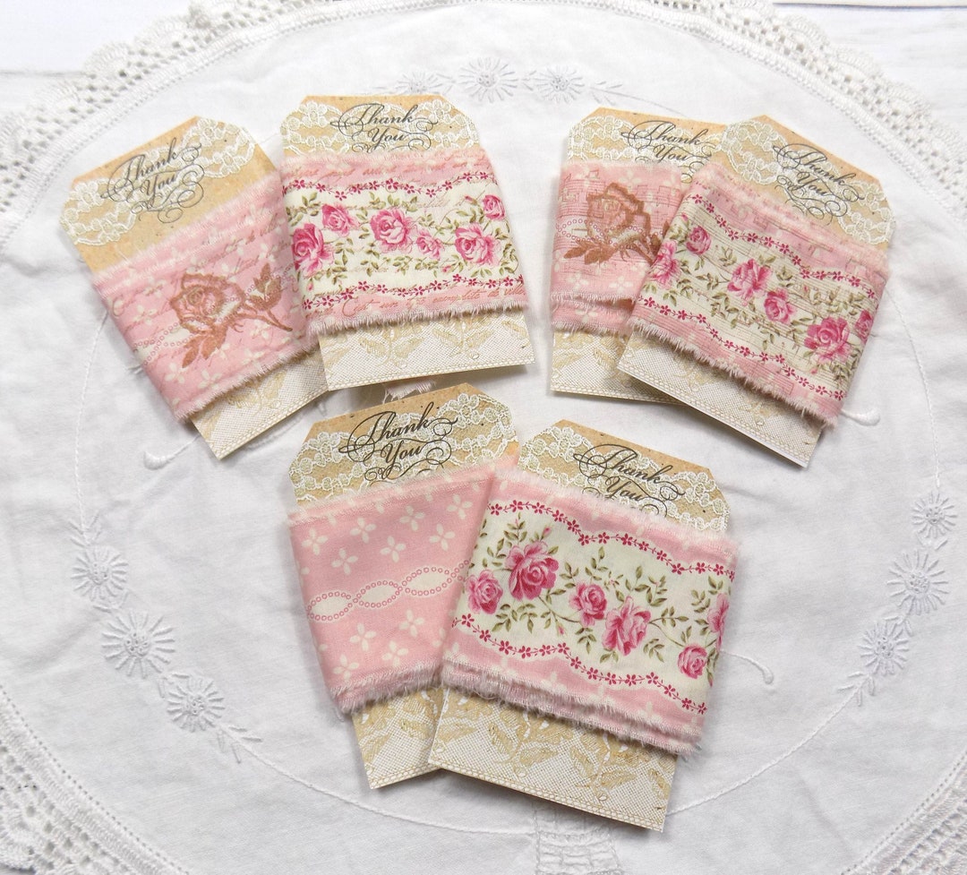 Pink Roses Hand Stamped Cotton Fabric Ribbon Strips - Music French ...