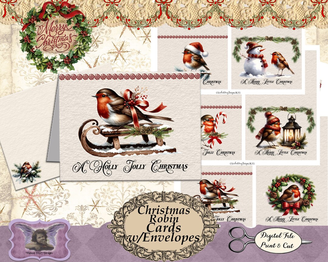 Printable Christmas Cute Robin Cards Notecards With Envelopes - INSTANT ...
