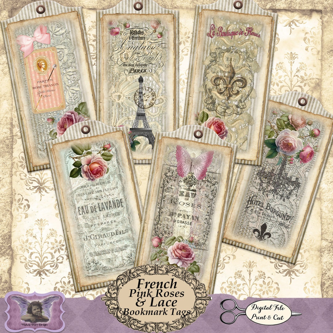French Shabby Pink Roses & Lace Vintage Bookmark Large Tags - Etsy