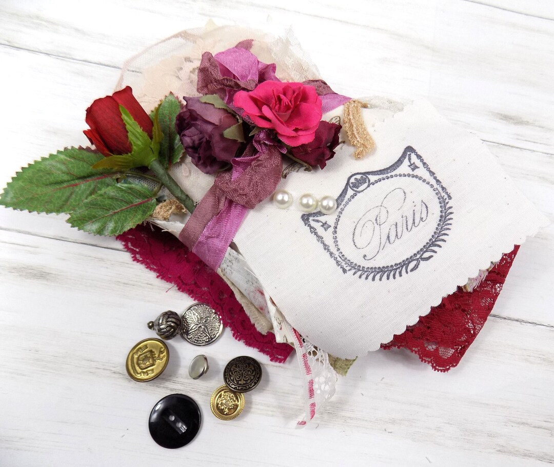 Paris French Theme Vintage Floral Fabric Lace Scrap Bundle, Junk ...