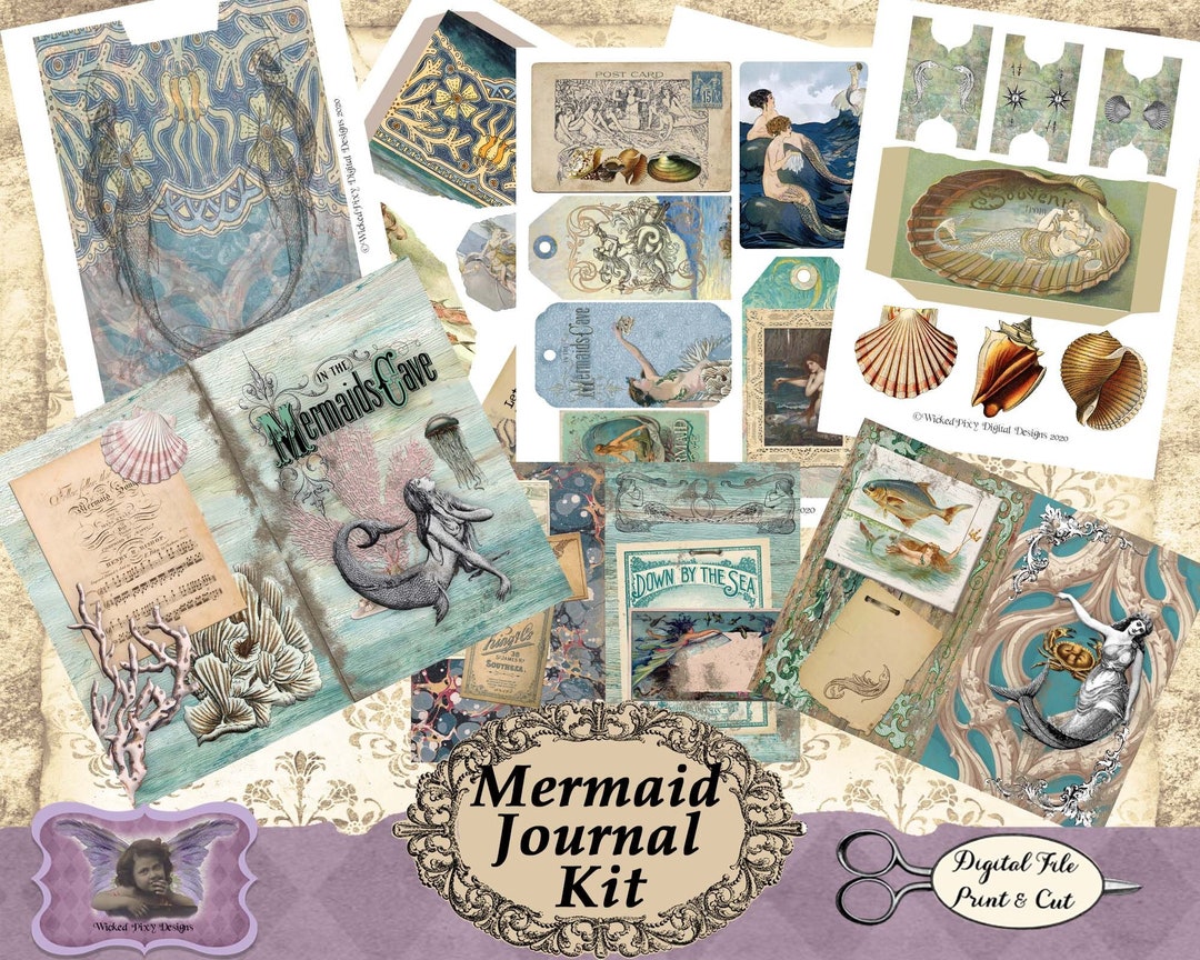 Vintage Mermaid Nautical Ocean - Printable Junk Journal Pages Kit Tags ...