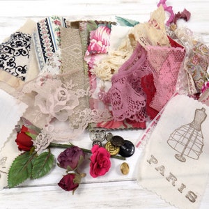 Paris French Theme Vintage Floral Fabric Lace Scrap Bundle, Junk ...