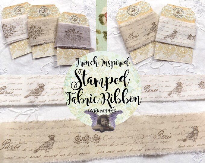 French Vintage Style Hand Stamped Torn Fabric Ribbon Strips - Country ...