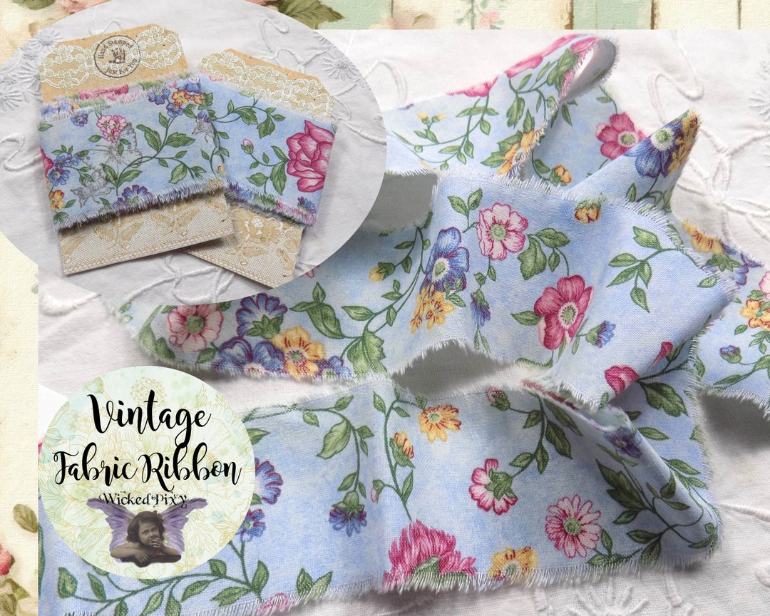 Vintage Hand Torn Fabric Ribbon Strips Blue Floral Cotton French ...