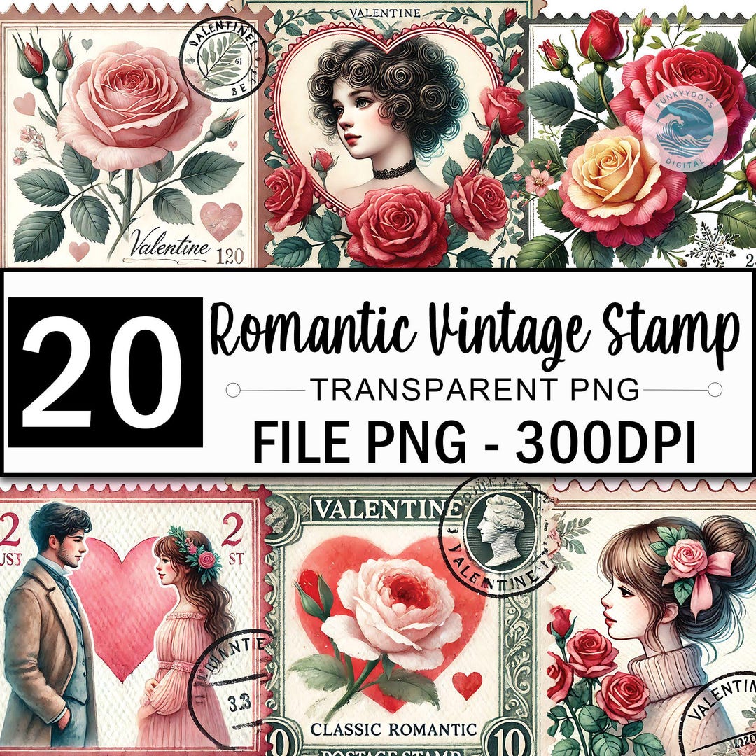 Watercolor Romantic Stamp Clipart Bundle, 20 PNG Vintage Stamp ...