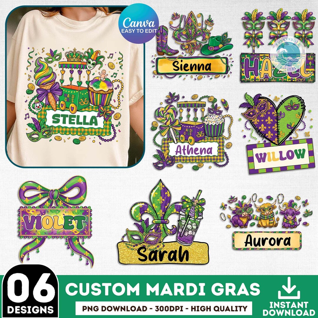 Custom Name Canva Template, 6 PNG Personalized Kids, Custom Mardi Gras ...