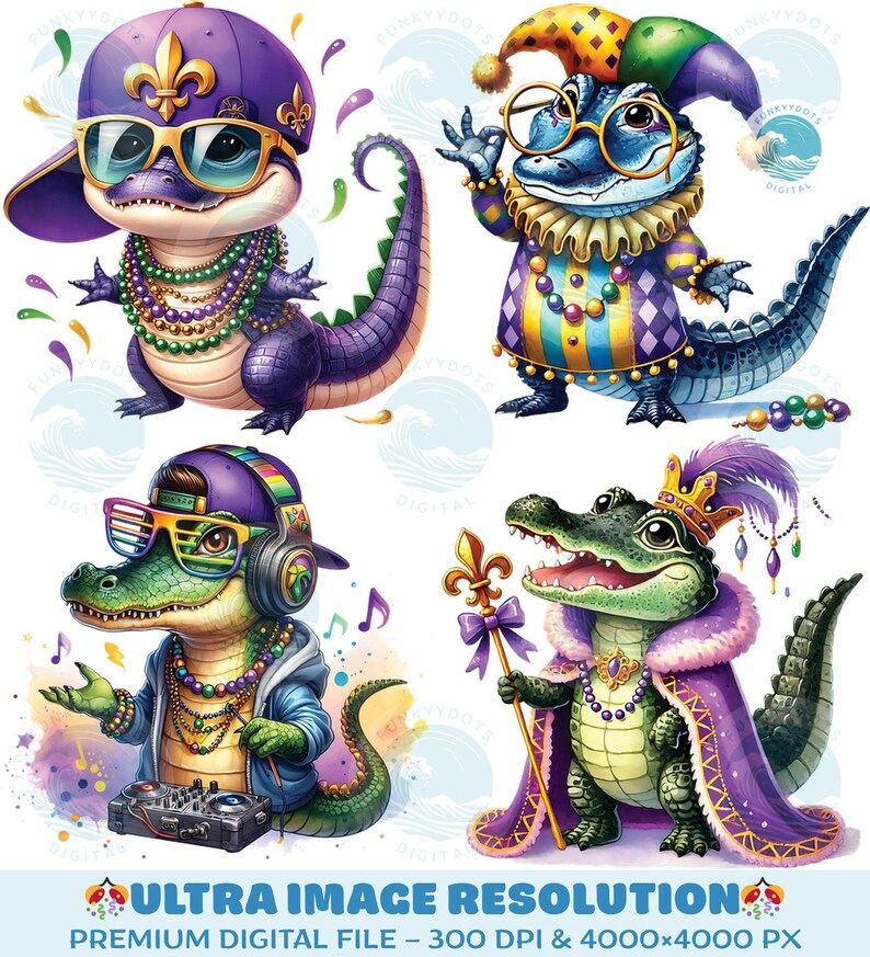 Masquerade Gator Clipart Bundle, 20 PNG Mardi Gras Alligator, Gator ...