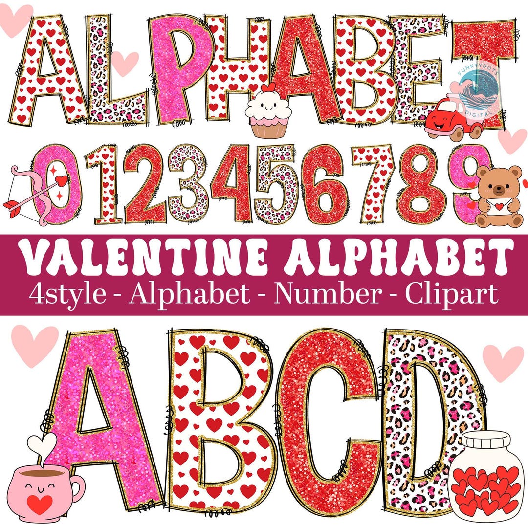 Valentines Fonts Png Bundle, 4 PNG Valentines Alphabet, Valentine ...