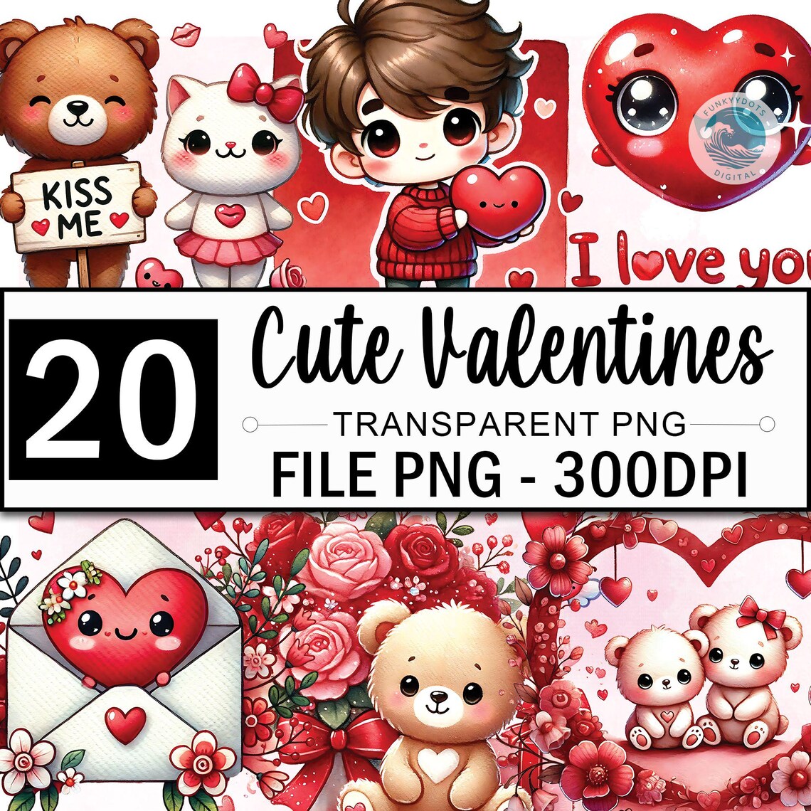 Watercolor Cute Valentines Clipart Bundle, 20 PNG Love Letters ...