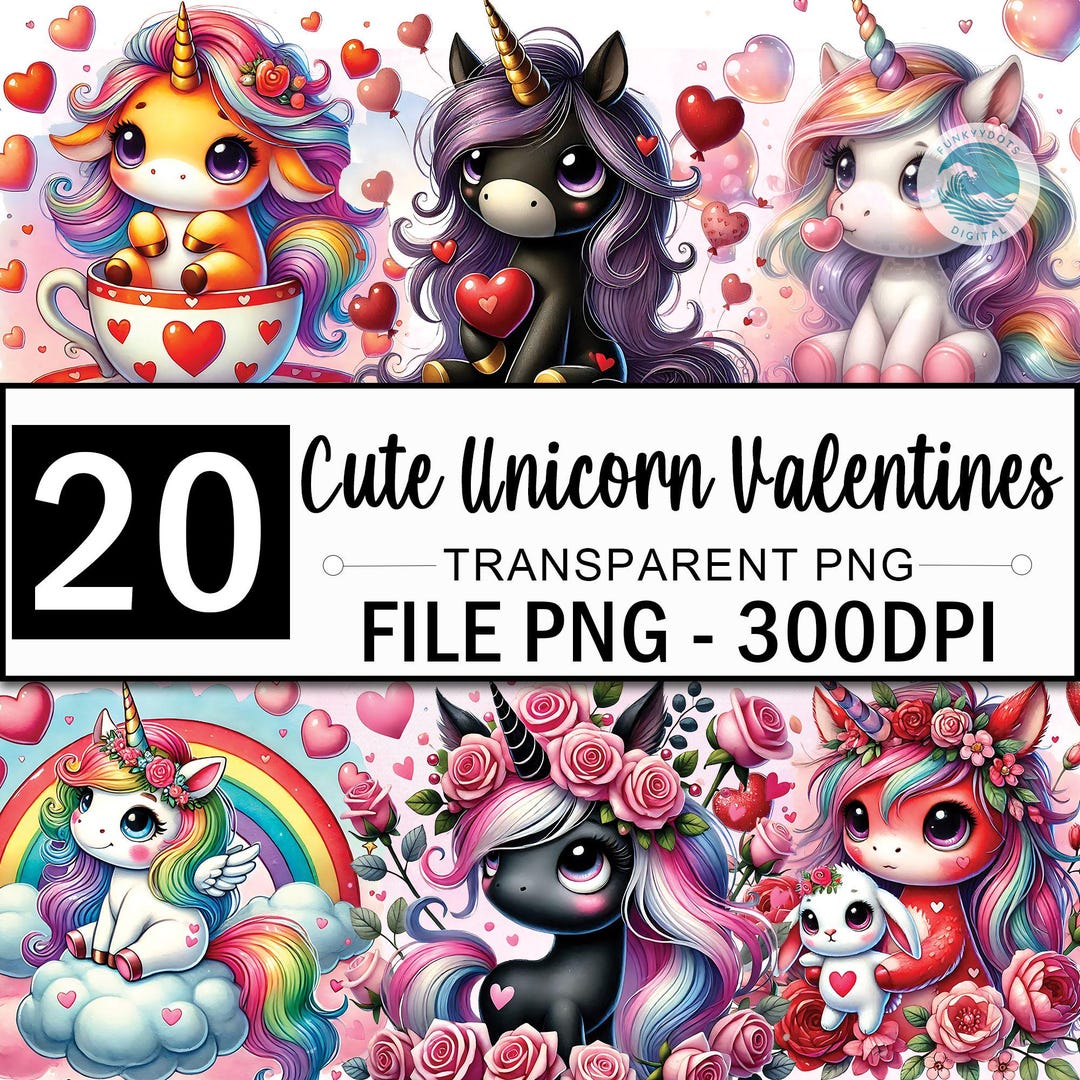 Watercolor Unicorn Clipart Bundle, 20 PNG Cute Unicorn, Valentine Day ...