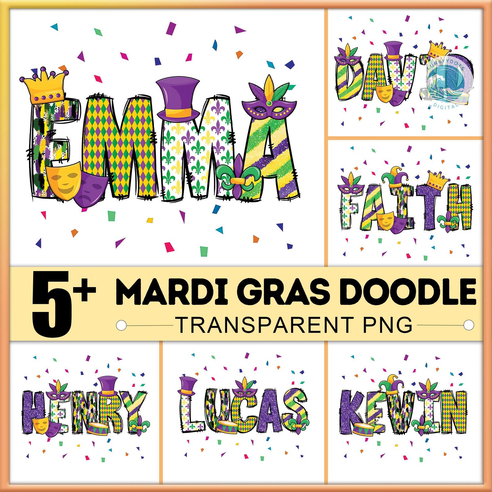 Mardi Gras Doodle Png Bundle, 5 PNG Personalized Name, Make Your Own ...