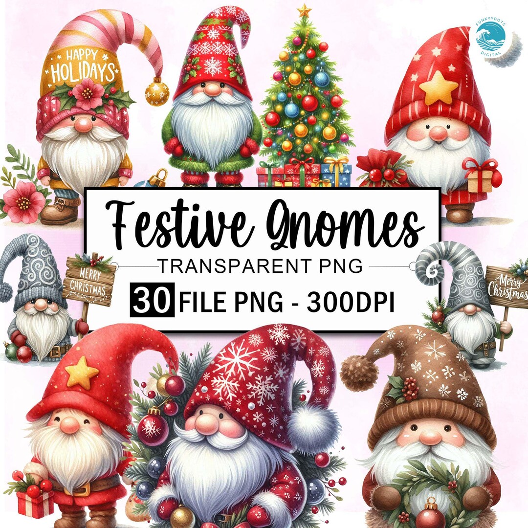 Watercolor Festive Gnomes Clipart, 30 PNG Christmas Gnomes Clipart ...