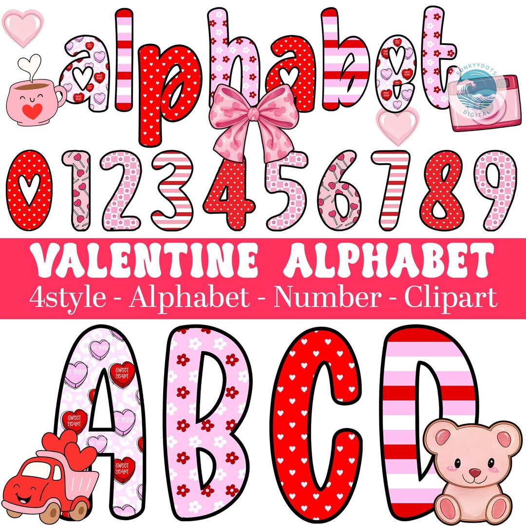 Valentine Doodle Png Bundle, 4 PNG Valentines Fonts, Valentine Alphabet ...