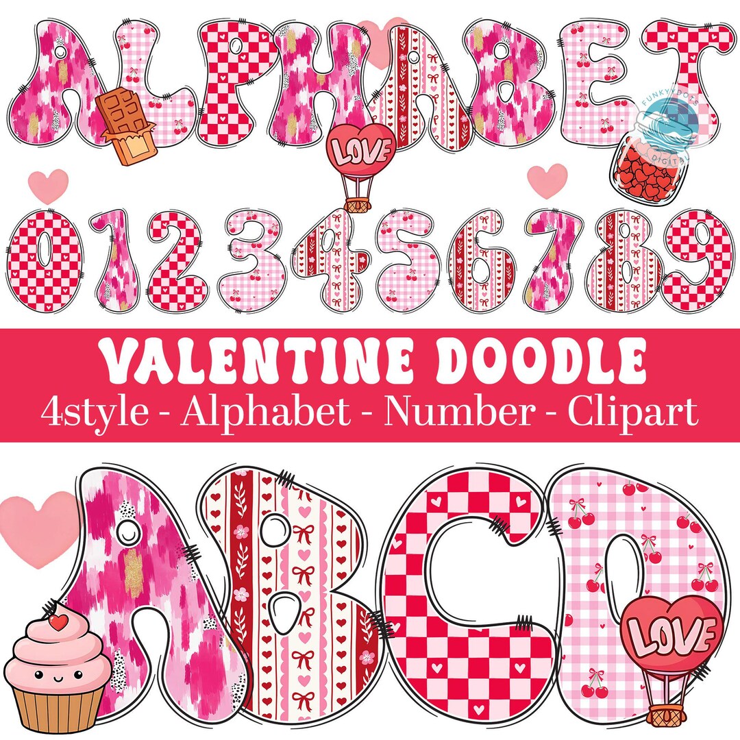 Valentines Fonts Png Bundle, 4 PNG Valentine Alphabet, Valentine Doodle ...