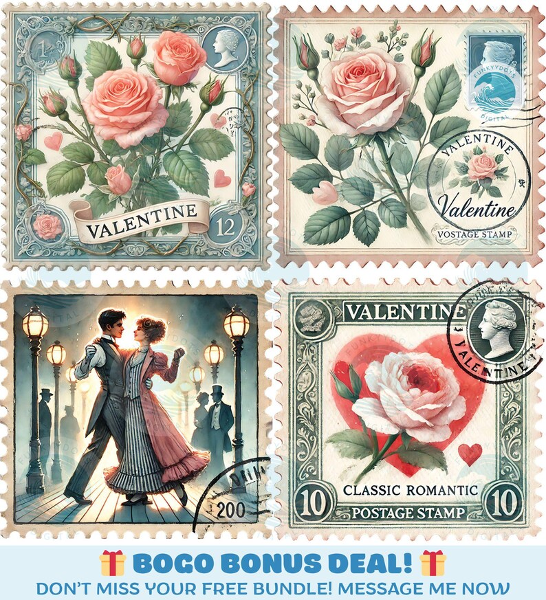 Watercolor Romantic Stamp Clipart Bundle, 20 PNG Vintage Stamp ...
