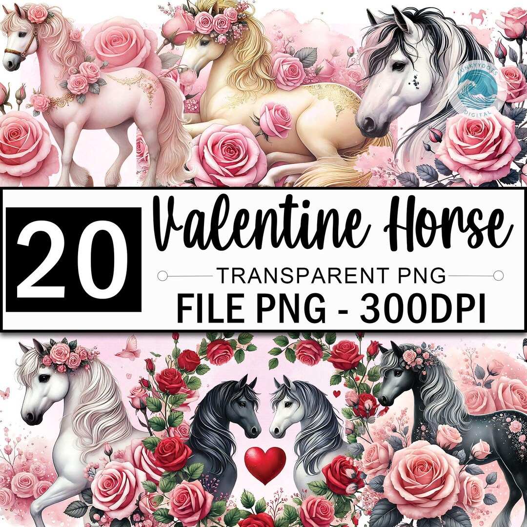 Watercolor Horse Clipart Bundle, 20 PNG Horse Couple, Happy Valentine ...