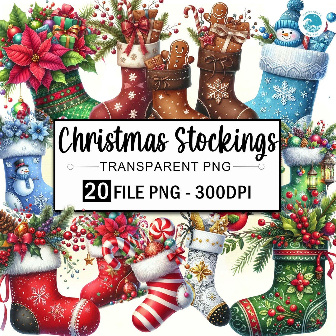 Watercolor Christmas Stocking Clipart, 20 PNG Festive Stockings Clipart ...