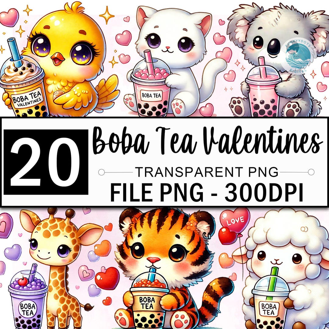Watercolor Boba Tea Clipart Bundle, 20 PNG Valentine Animal, Valentine ...