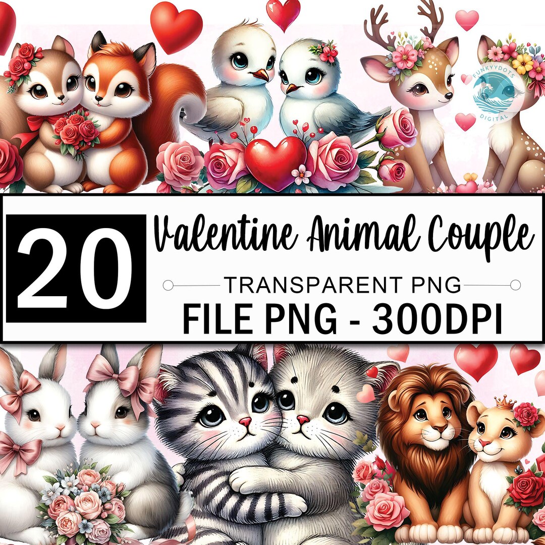 Watercolor Couple Animal Clipart Bundle, 20 PNG Valentine Couple ...