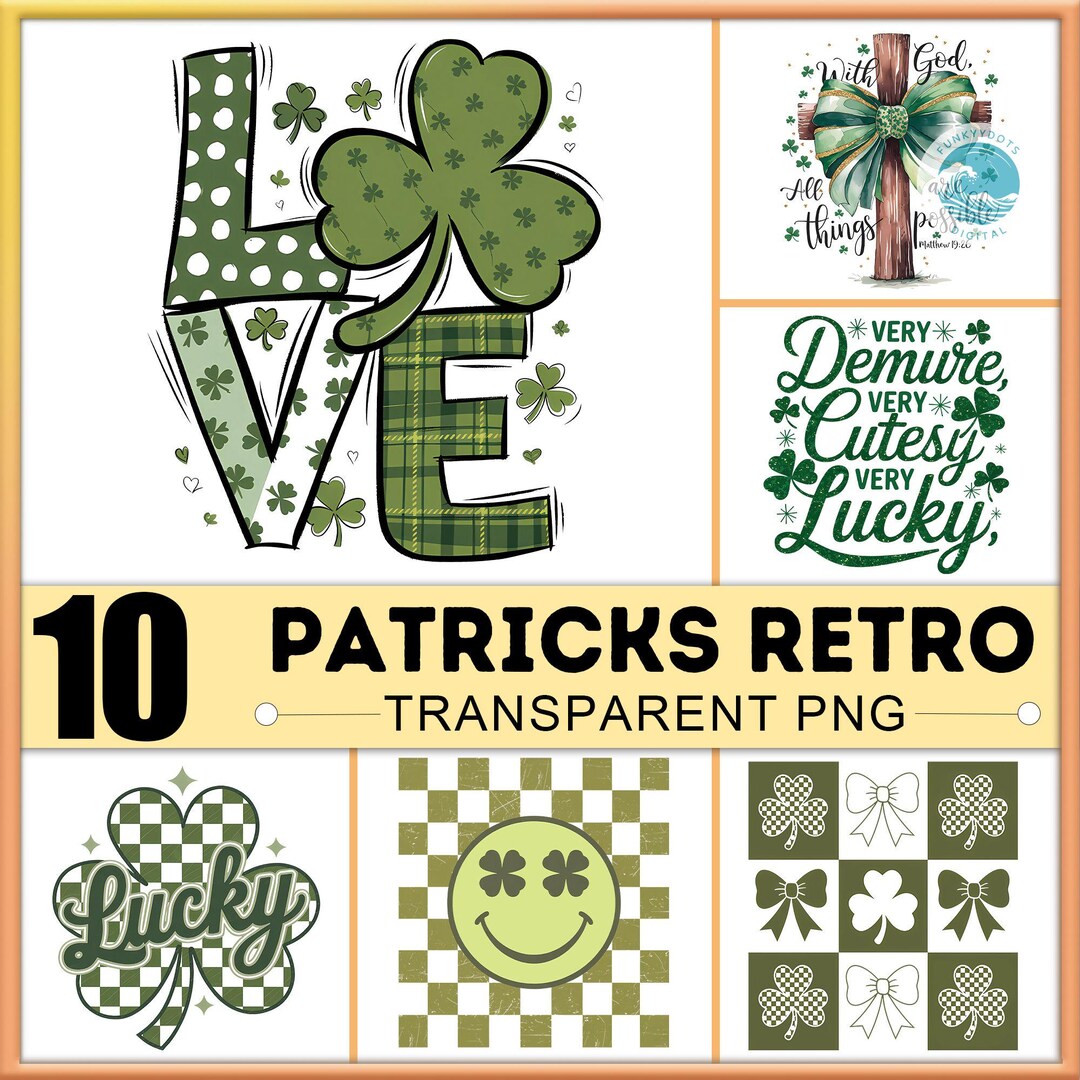 Retro Groovy Png Bundle, 10 PNG Lucky Charm, Patrick Day Clover Smiley ...