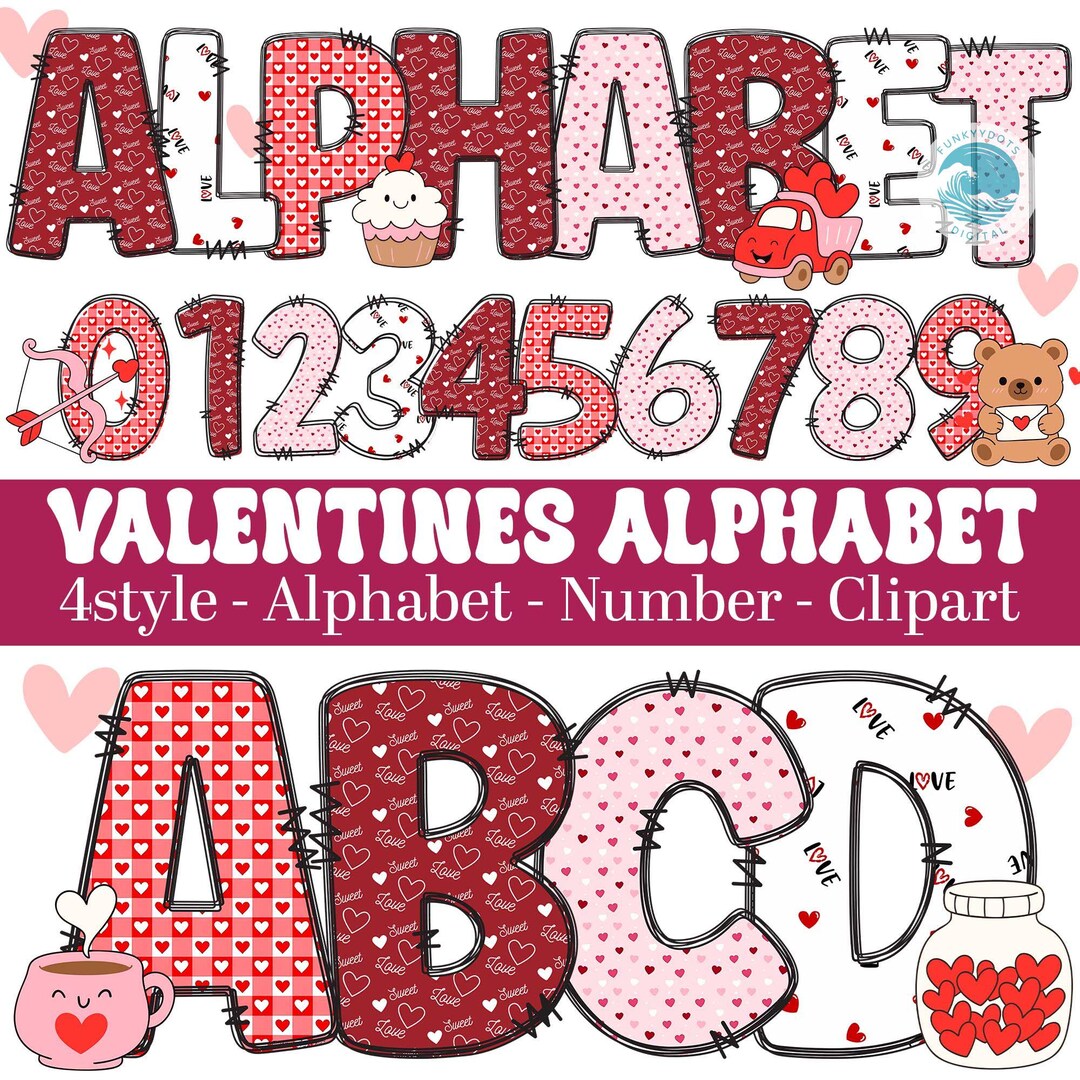 Valentines Fonts Png Bundle, 4 PNG Valentine Doodle Letters, Valentines ...