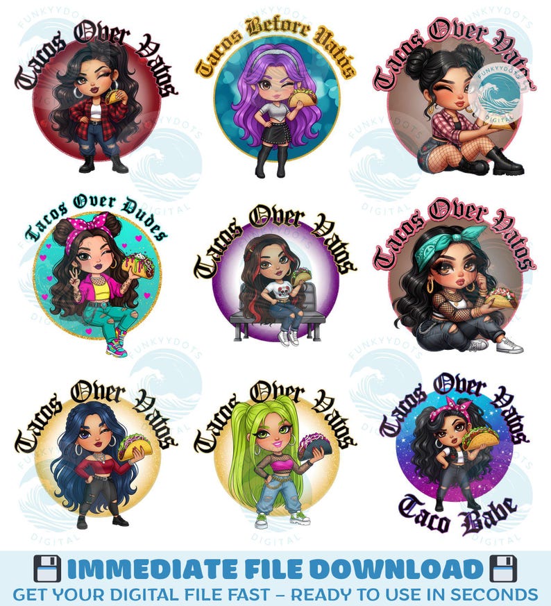 Chibi Style Png Bundle, 20 PNG Chicana Valentine, Tacos Over Vatos Png ...