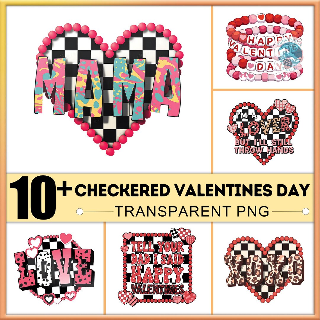 Checkered Valentines Png Bundle, 10 PNG Valentine's Day, Sweet Hearts ...