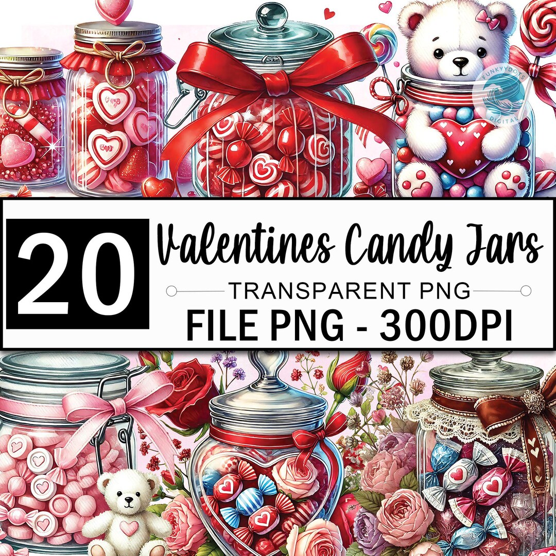 Watercolor Candy Jars Clipart Bundle, 20 PNG Romantic Jar, Valentine ...