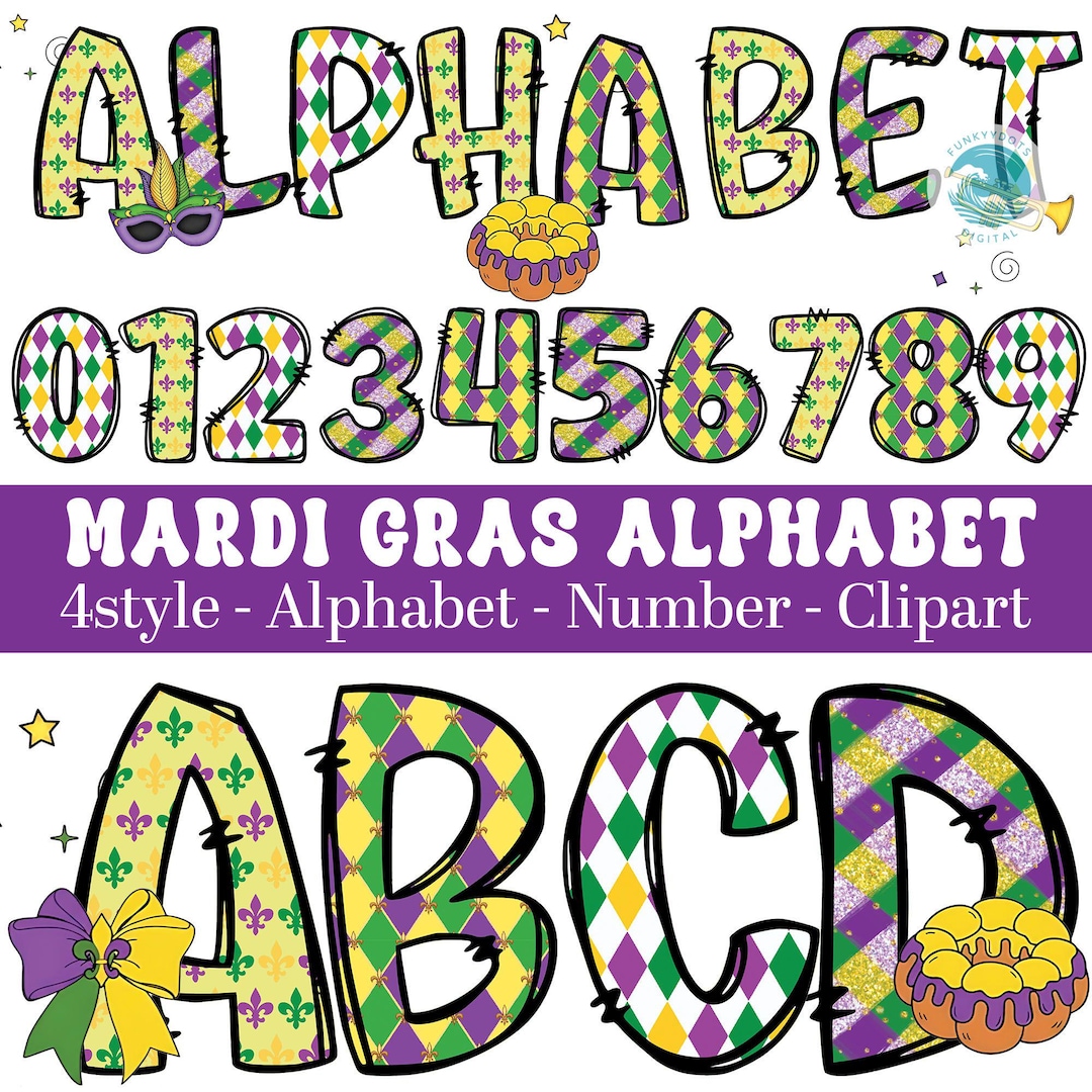 Mardi Gras Fonts Png Bundle, 4 PNG Mardi Gras Alphabet, Mardi Gras ...