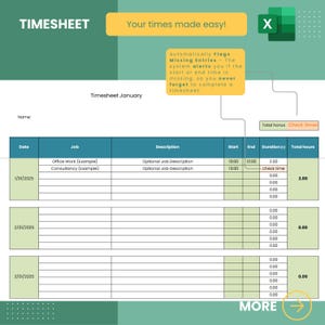 Monthly Excel Timesheet Template | Editable & Automated Work Hour ...
