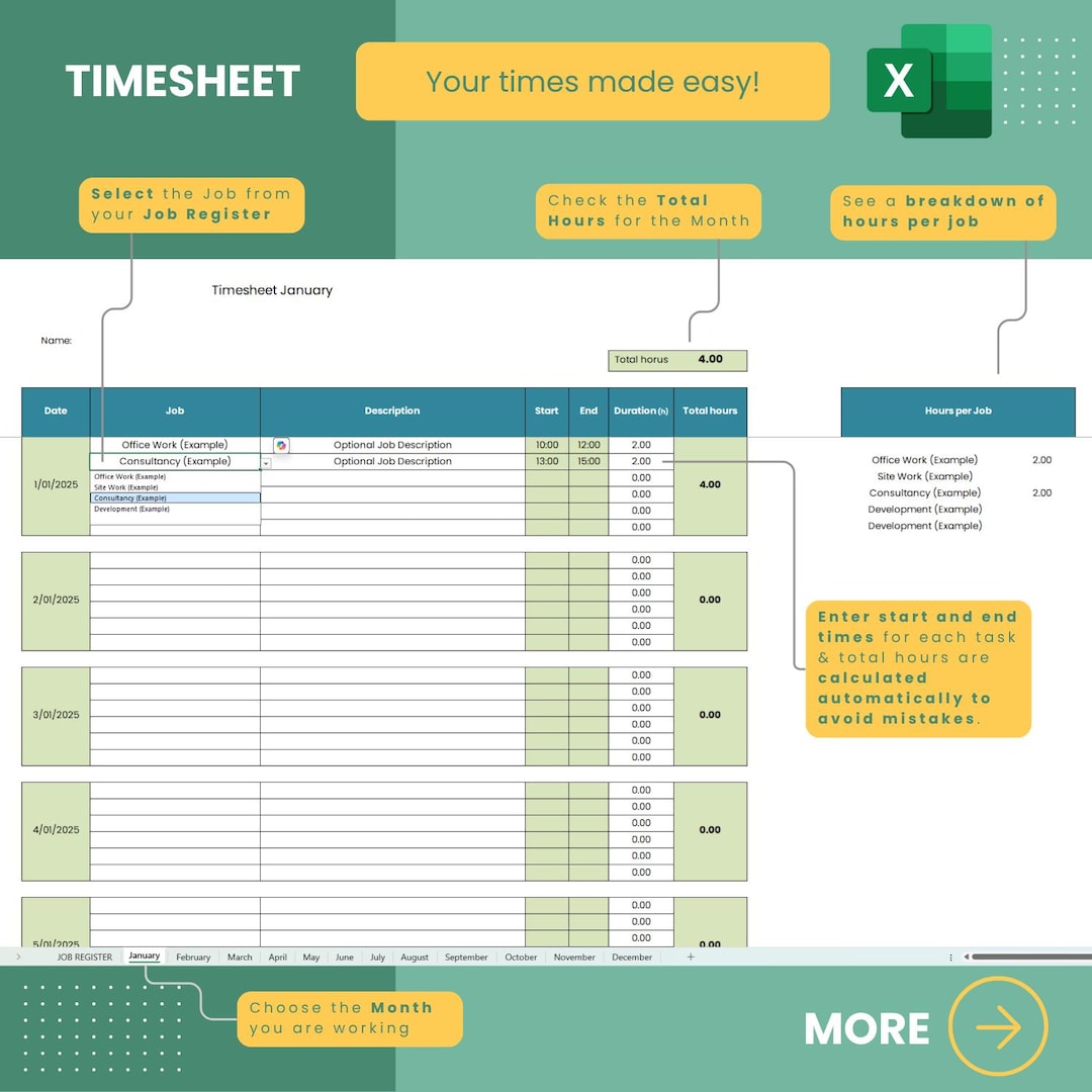 Monthly Excel Timesheet Template | Editable & Automated Work Hour ...