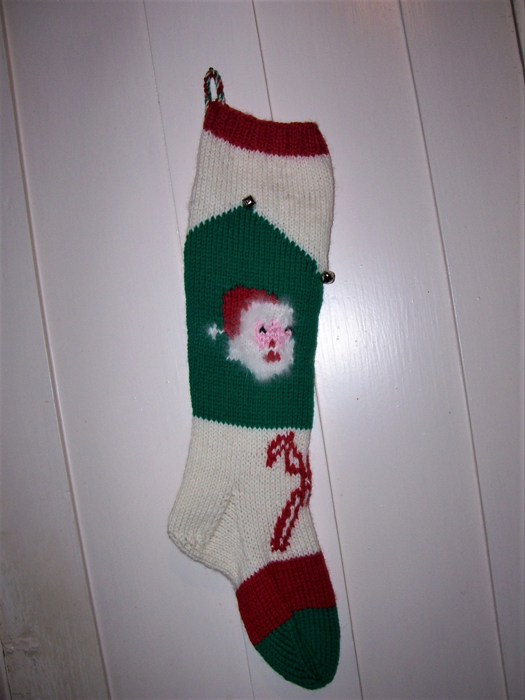 Hand Knit Christmas Stocking Santa Face and Candy Canes for Christmas ...