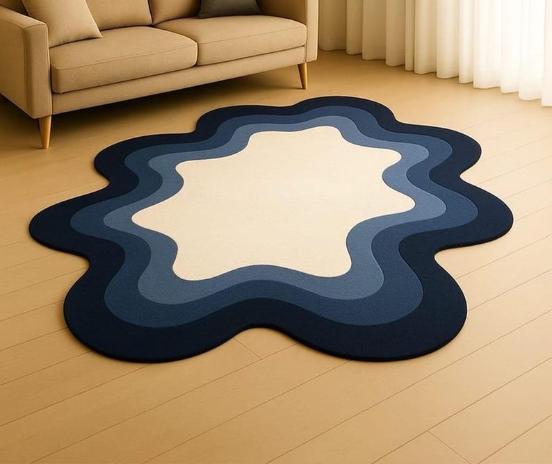 Abstract Wavy Rug: Modern Blue Beige Ripple Design - Etsy