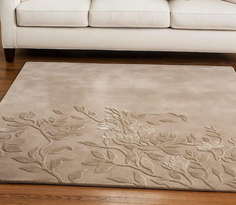 Floral Embossed Beige Viscose Rug: Hand-tufted Luxury Carpet - Etsy