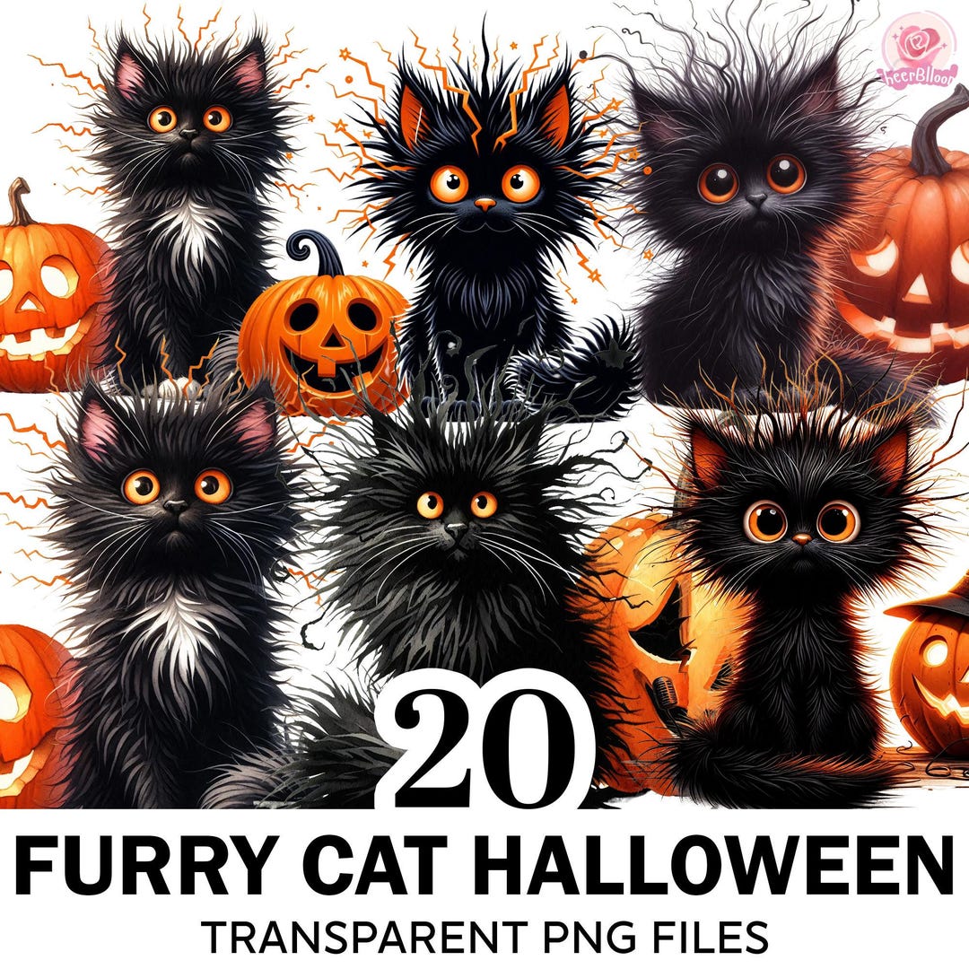 Watercolor Halloween Cats Clipart Bundle, 20 PNG Cute Furry Pet, Witch ...