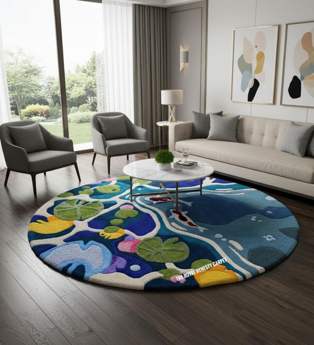 Handmade Koi Pond Round Wool Rug, Artistic Tufted Carpet - Etsy