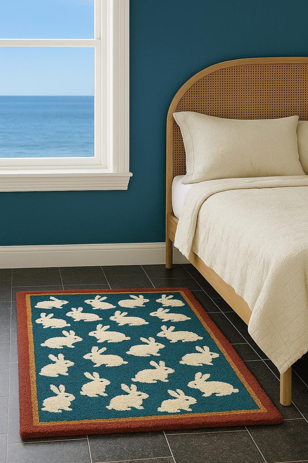 Handmade Rabbit Pattern Tufted Rug – Teal Whimsical Bunny Carpet - Etsy