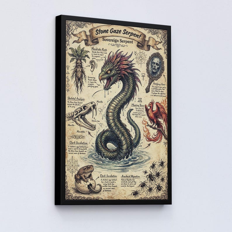 Stone Gaze Serpent Vintage Diagram Canvas, Magical Basilisk Creature ...