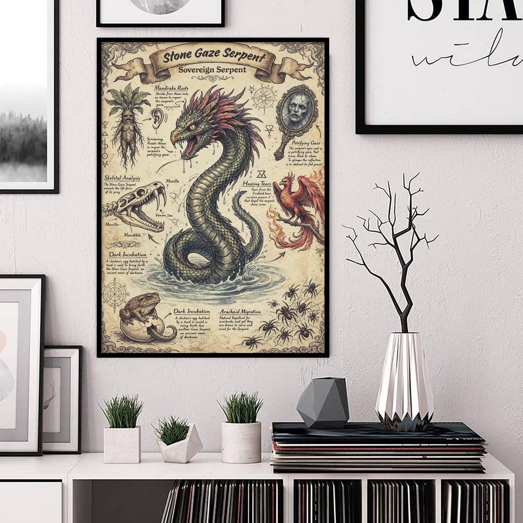 Stone Gaze Serpent Vintage Diagram Canvas, Magical Basilisk Creature ...