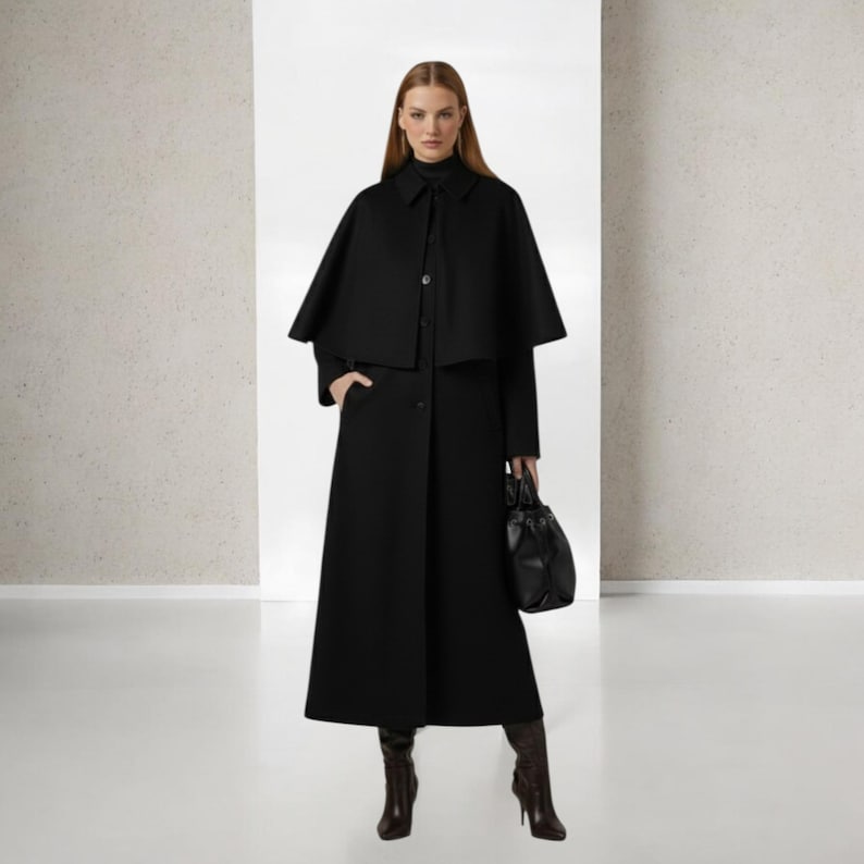 Black Wool Cape Coat, Victorian Maxi Overcoat, Elegant Winter Cloak ...