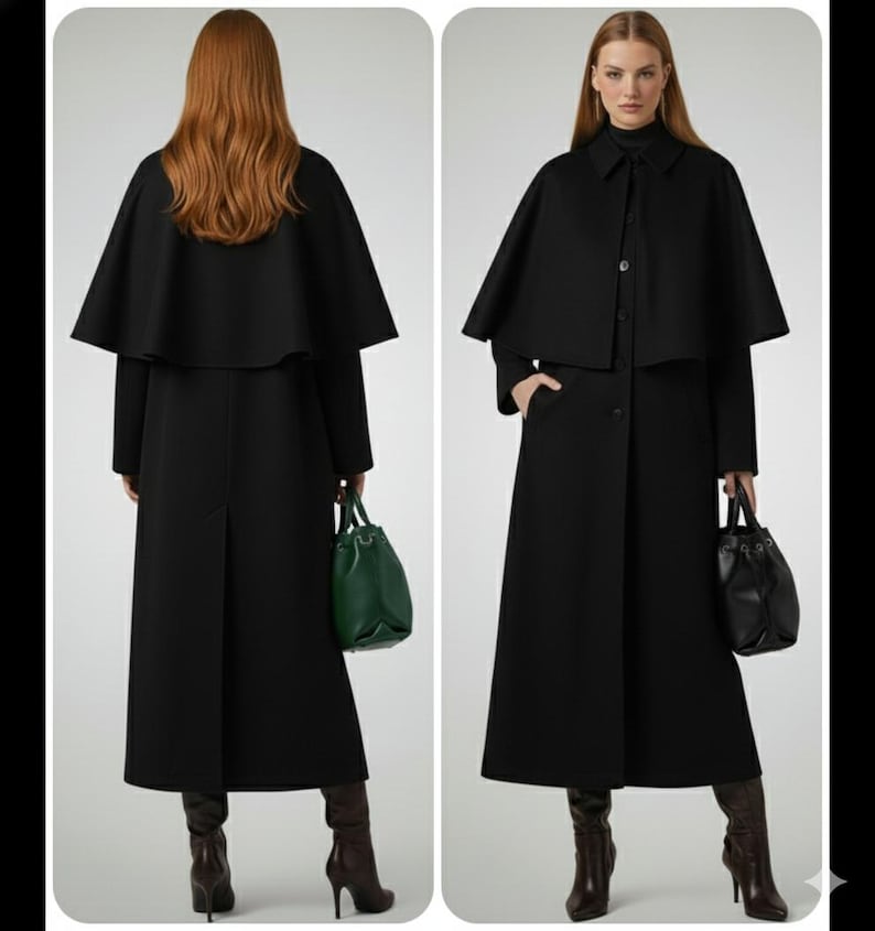 Black Wool Cape Coat, Victorian Maxi Overcoat, Elegant Winter Cloak ...