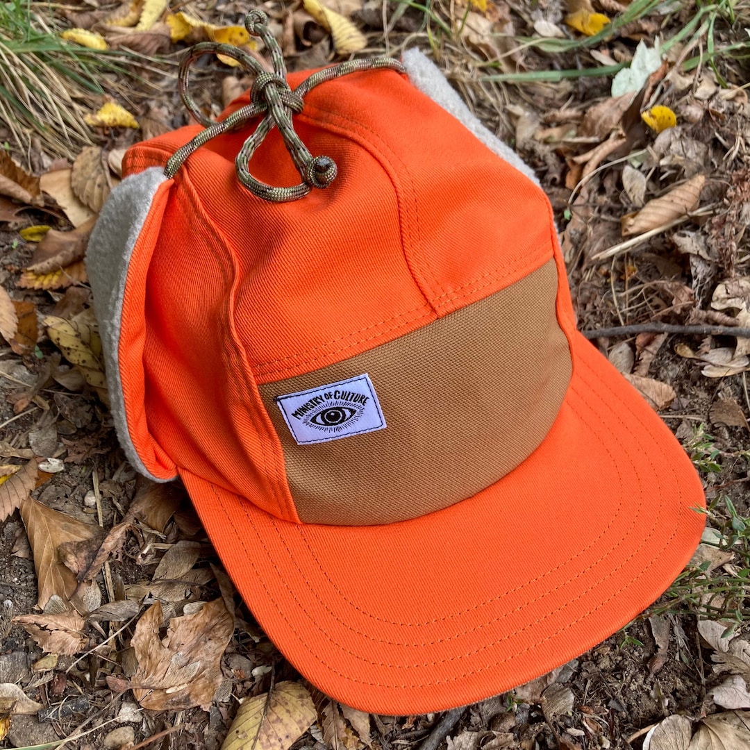 Blaze Orange Ear Flap Hat, Handmade 5 Panel Camp Hat, Winter Baseball ...