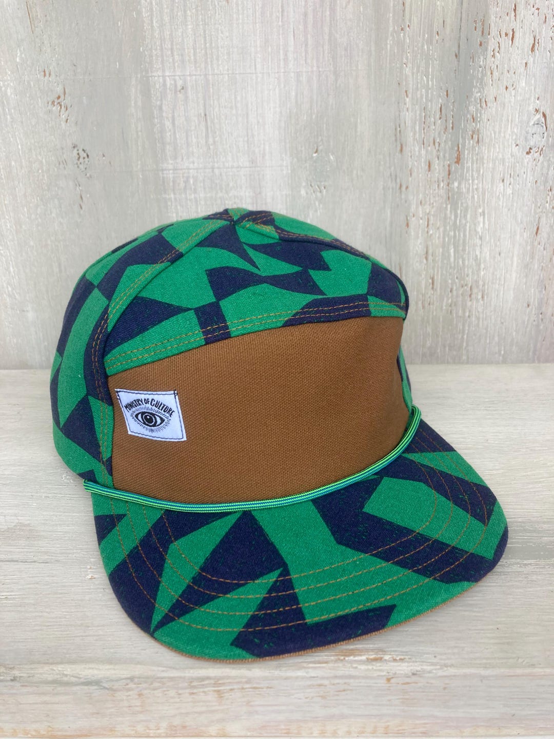 Handmade Geometric Print Camp Hat: Green & Navy Triangle Baseball Cap ...