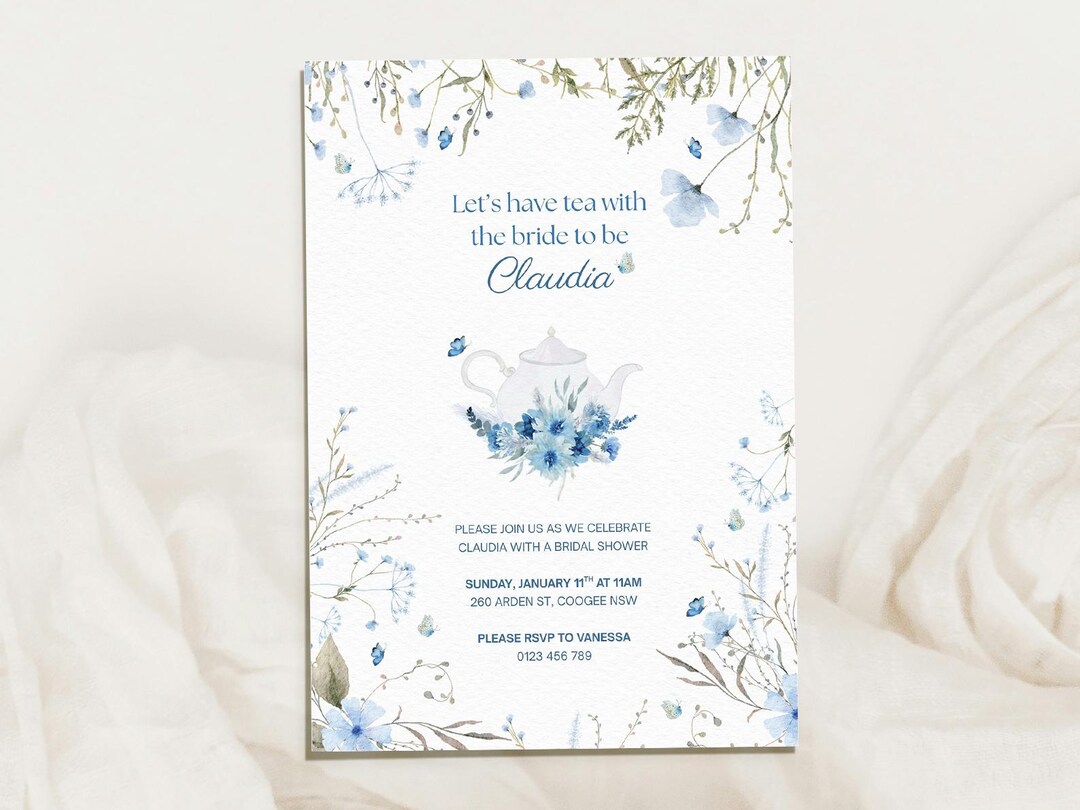 Kitchen Tea Invitation Template: Elegant Blue Bridal Shower Invite ...